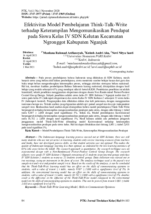(PDF) Efektivitas Model Pembelajaran Think-Talk-Write terhadap Keterampilan Mengomunikasikan ...
