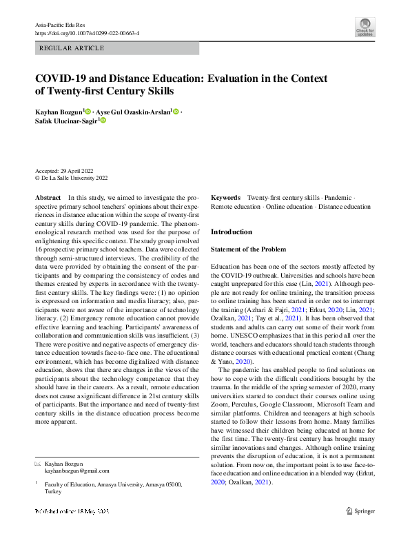 (PDF) COVID-19 and Distance Education: Evaluation in the Context of ...