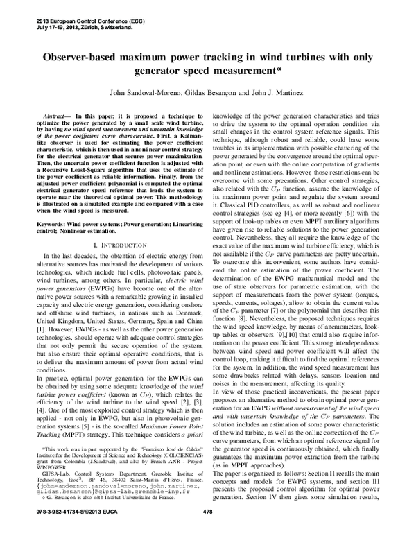 (PDF) Observer-based maximum power tracking in wind turbines with only generator speed ...