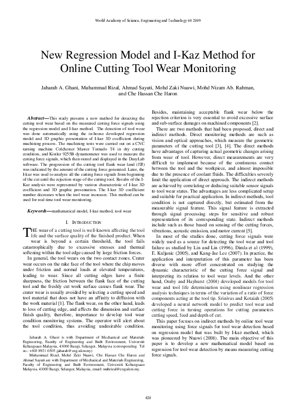 (PDF) New Regression Model And I-Kaz Method For Online Cutting Tool ...