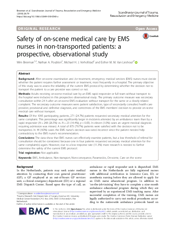 (PDF) On-scene EMS Care Safety for Non-transported Patients