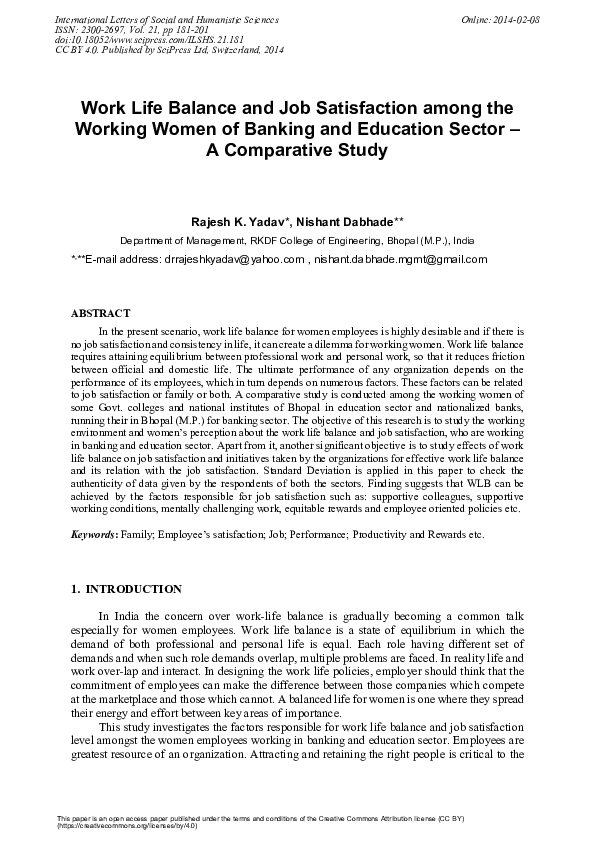 (PDF) Work Life Balance and Job Satisfaction among the Working Women of Banking and Education ...