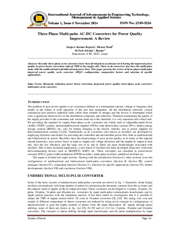 (PDF) Three Phase Multi-pulse AC-DC Converters for Power Quality Improvement: A Review