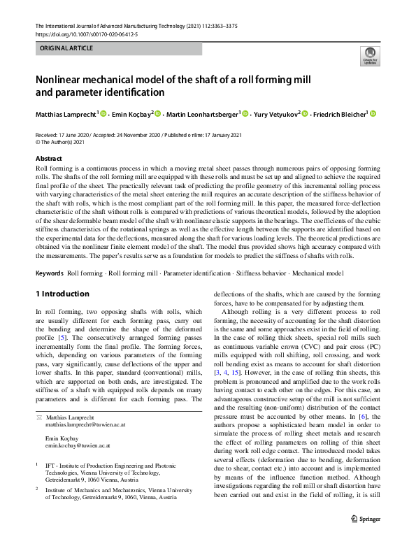 (PDF) Nonlinear mechanical model of the shaft of a roll forming mill and parameter identification