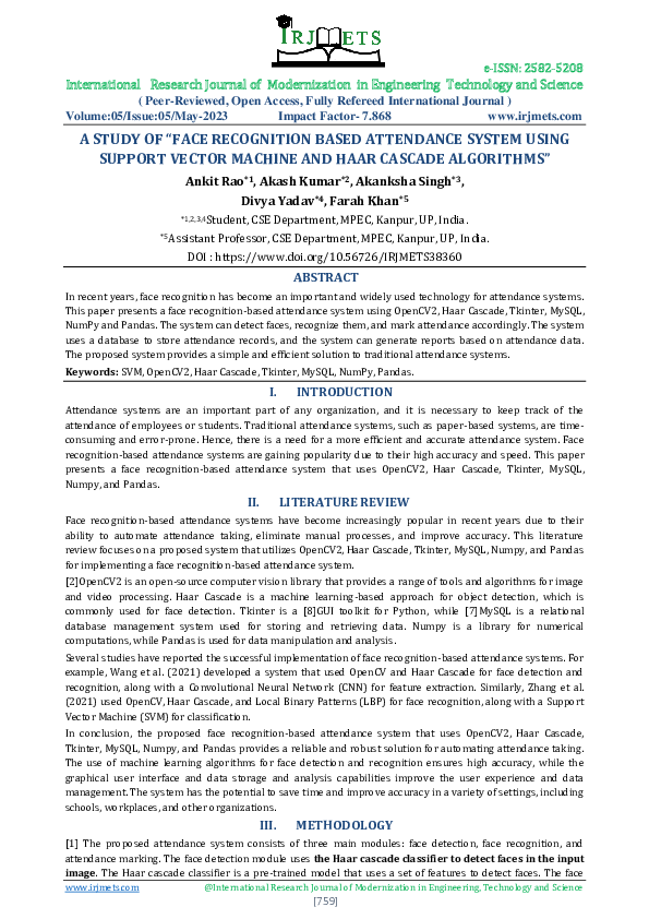 (PDF) A STUDY OF "FACE RECOGNITION BASED ATTENDANCE SYSTEM USING SUPPORT VECTOR MACHINE AND HAAR ...