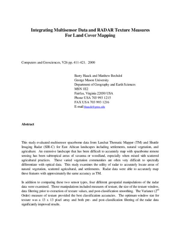 Pdf Integrating Multisensor Data And Radar Texture Measures For Land Cover Mapping 