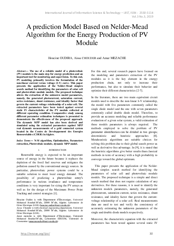 (PDF) A prediction Model Based on Nelder-Mead Algorithm for the Energy Production of PV Module