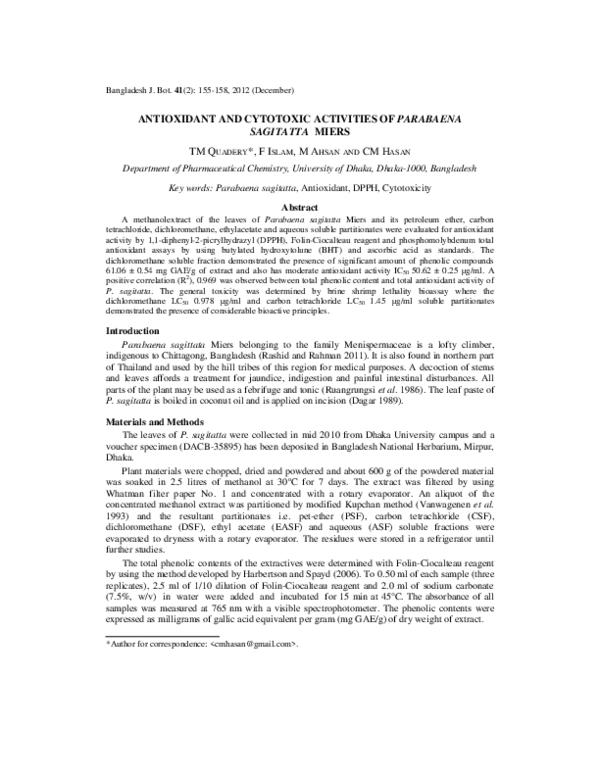 (PDF) Antioxidant and cytotoxic activities of Parabaena sagitatta Miers