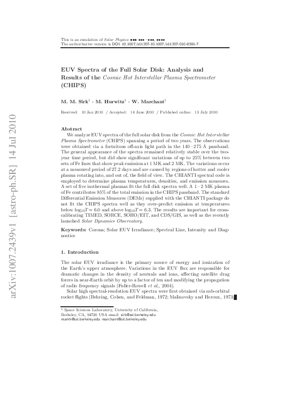 (PDF) EUV Spectra of the Full Solar Disk: Analysis and Results of the ...