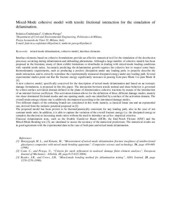 Pdf Mixed Mode Cohesive Model With Tensile Frictional Interaction For The Simulation Of