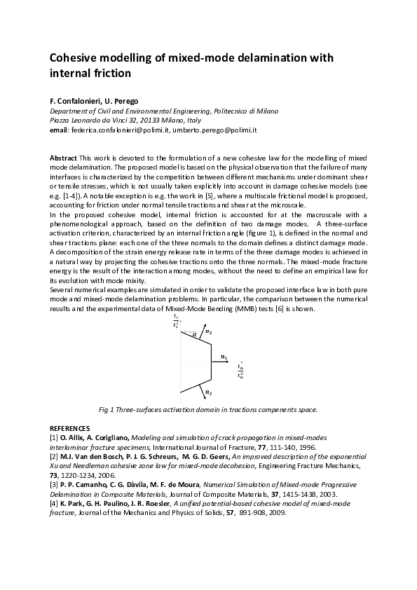 (PDF) Cohesive modelling of mixed-mode delamination with internal friction | umberto perego ...