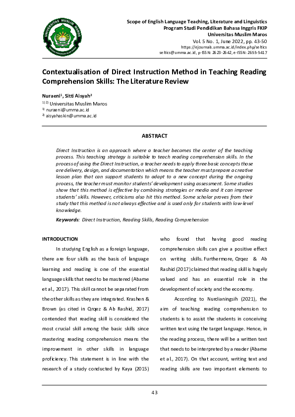 (PDF) Contextualisation of Direct Instruction Method in Teaching Reading Comprehension Skills ...
