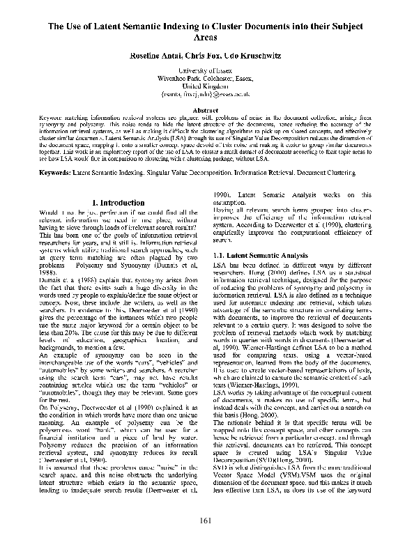 Pdf The Use Of Latent Semantic Indexing To Cluster Documents Into Their Subject