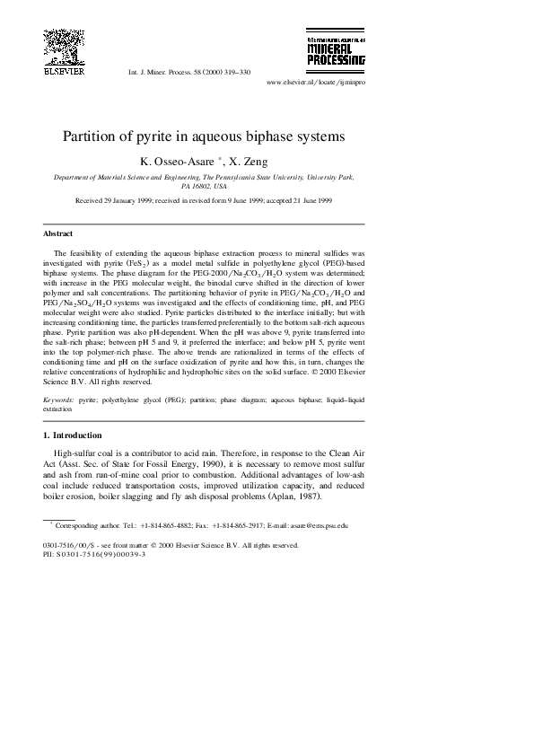 (PDF) Partition of pyrite in aqueous biphase systems