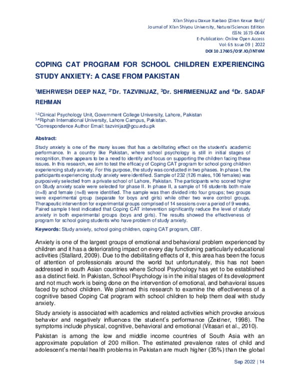 (PDF) COPING CAT PROGRAM FOR SCHOOL CHILDREN EXPERIENCING STUDY ANXIETY ...