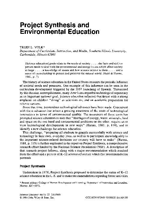 (PDF) Project synthesis and environmental education