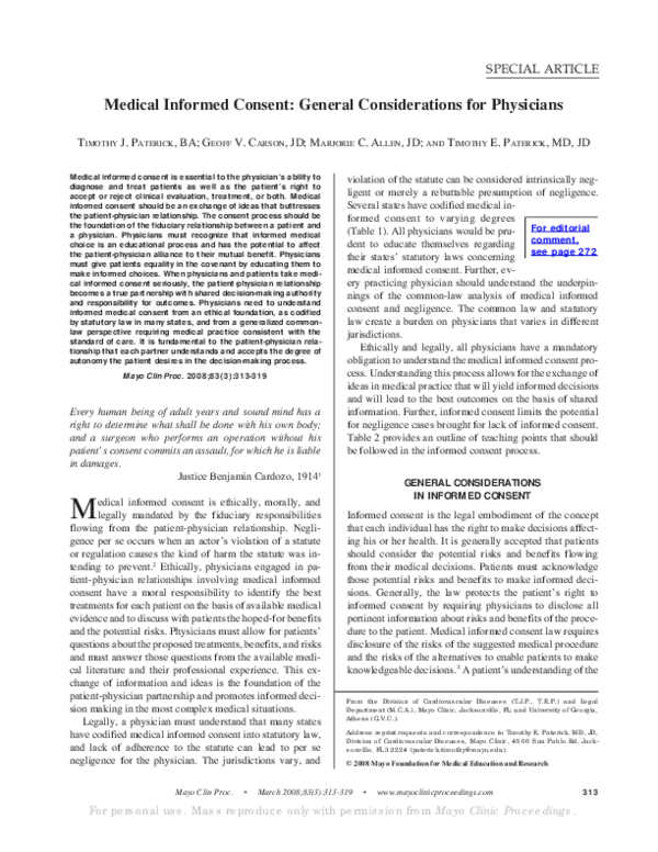 (PDF) Medical Informed Consent: General Considerations for Physicians