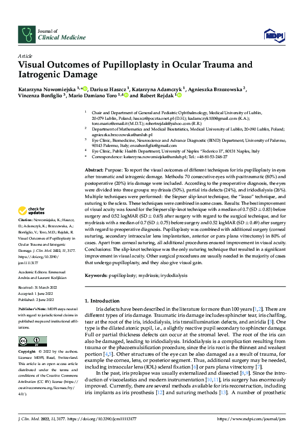 (PDF) Visual Outcomes of Pupilloplasty in Ocular Trauma and Iatrogenic ...