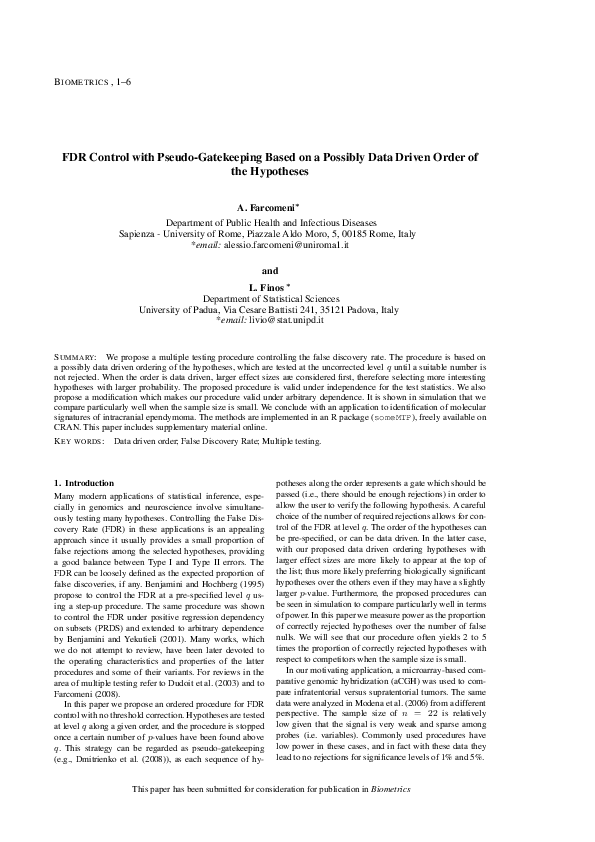 (PDF) FDR Control with Pseudo‐Gatekeeping Based on a Possibly Data ...