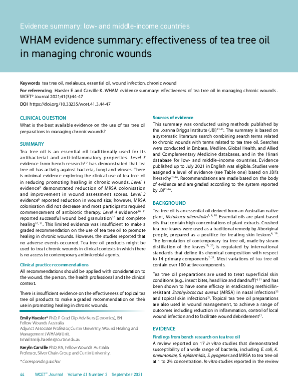 (PDF) WHAM evidence summary: effectiveness of tea tree oil in managing chronic wounds