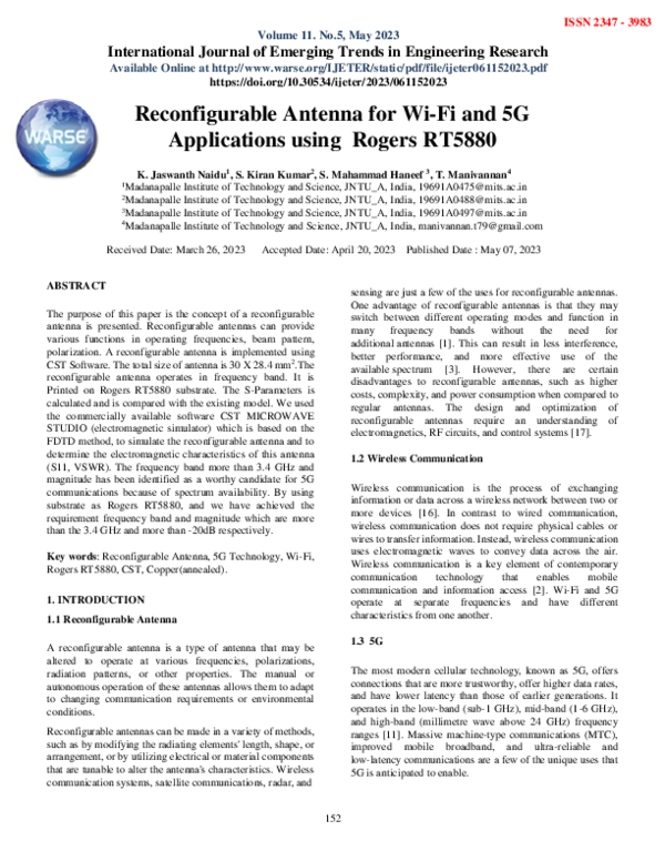 (PDF) Reconfigurable Antenna for Wi-Fi and 5G Applications using Rogers ...