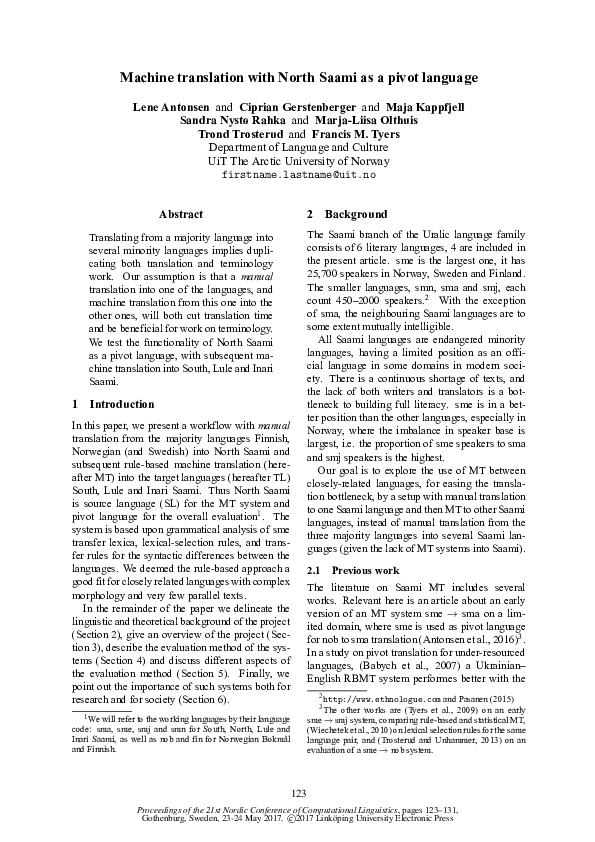 (PDF) Machine translation with North Saami as a pivot language