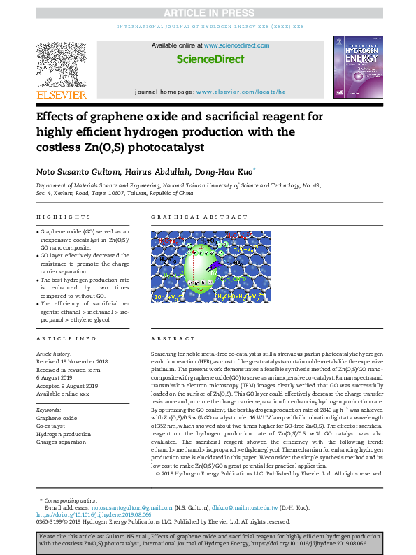 (PDF) Effects of graphene oxide and sacrificial reagent for highly efficient hydrogen production ...