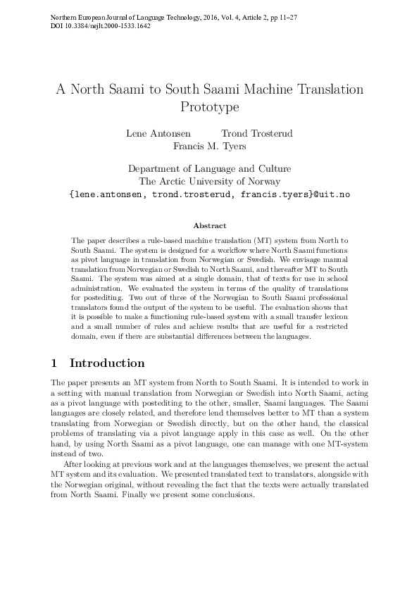 (PDF) A North Saami to South Saami Machine Translation Prototype