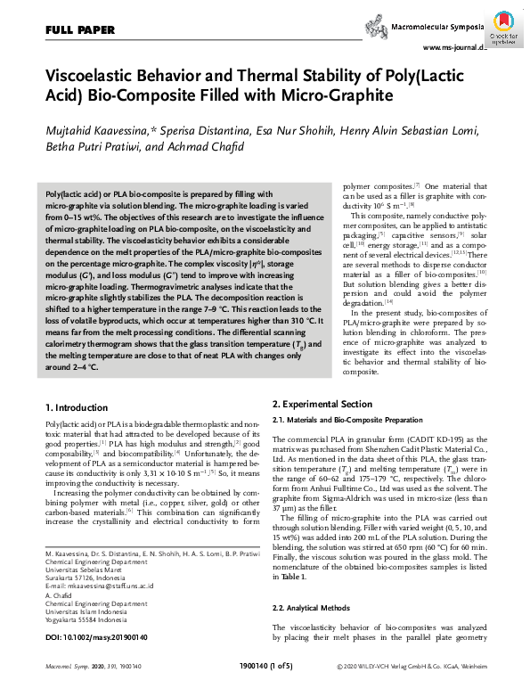 (PDF) Viscoelastic Behavior and Thermal Stability of Poly(Lactic Acid) Bio‐Composite Filled with ...
