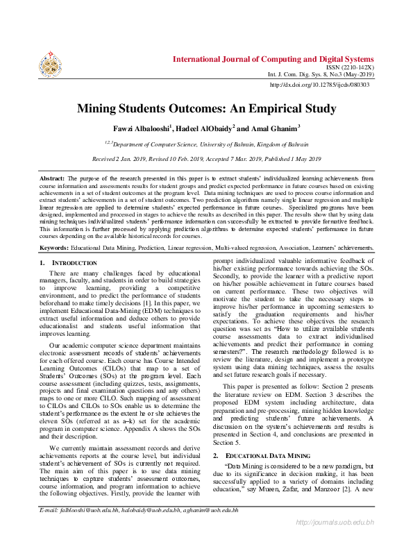 (PDF) Mining Students Outcomes: An Empirical Study