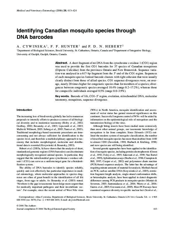 (PDF) Identifying Canadian mosquito species through DNA barcodes