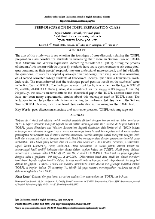 (PDF) Peer-Discussion in TOEFL Preparation Class | Nyak Mutia Ismail, S ...