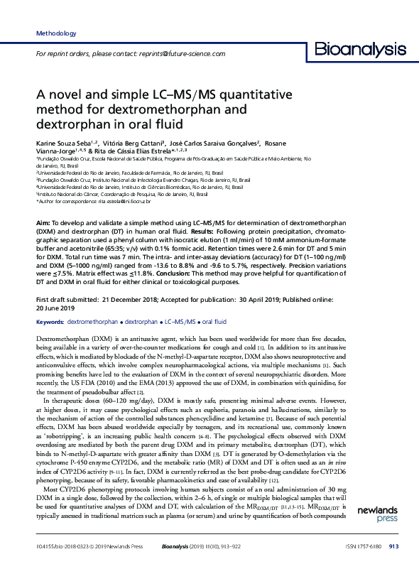 (PDF) A novel and simple LC–MS/MS quantitative method for dextromethorphan and dextrorphan in ...