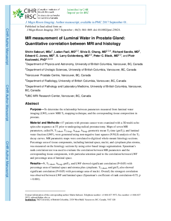 (PDF) MR measurement of luminal water in prostate gland: Quantitative correlation between MRI ...