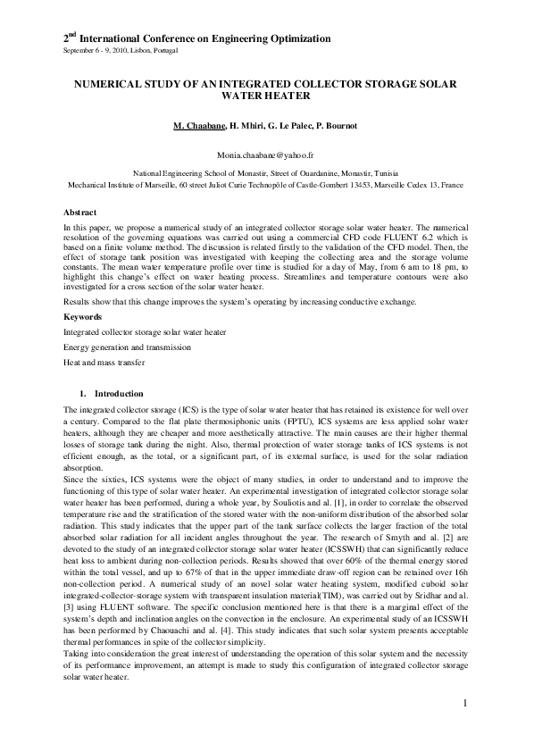 (PDF) Numerical Study of an Integrated Collector Storage Solar Water Heater