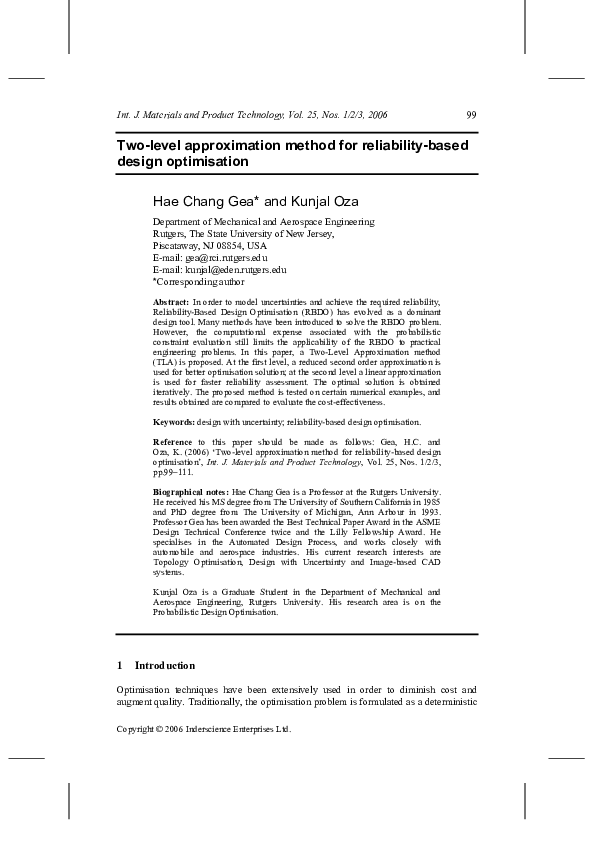 (PDF) Two-Level Approximation Method for Reliability-Based Design Optimization