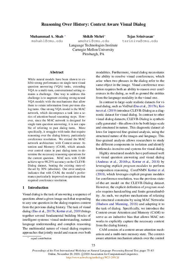 (PDF) Reasoning Over History: Context Aware Visual Dialog