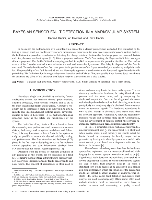 Pdf Bayesian Sensor Fault Detection In A Markov Jump System Hamed Habibi