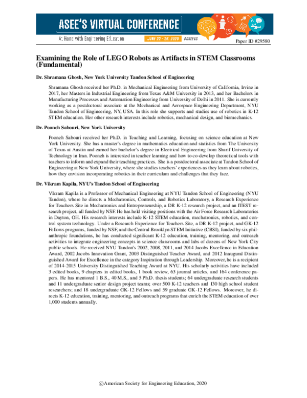 (PDF) Examining the Role of LEGO Robots as Artifacts in STEM Classrooms