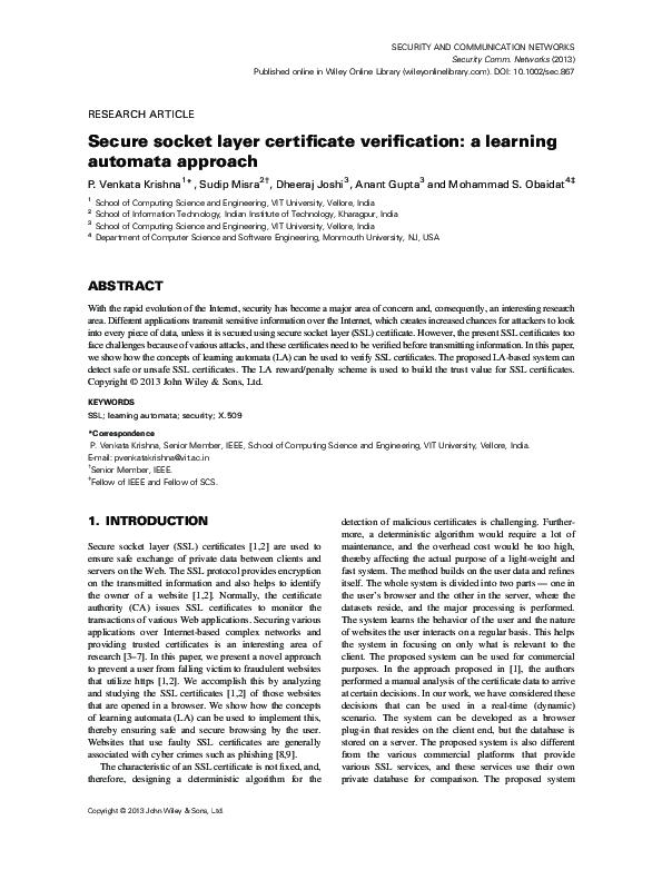 Pdf Secure Socket Layer Certificate Verification A Learning Automata Approach Dheeraj Joshi