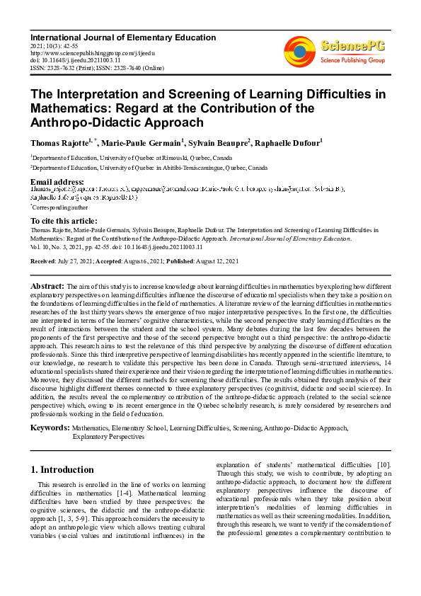 (PDF) The Interpretation and Screening of Learning Difficulties in Mathematics: Regard at the ...