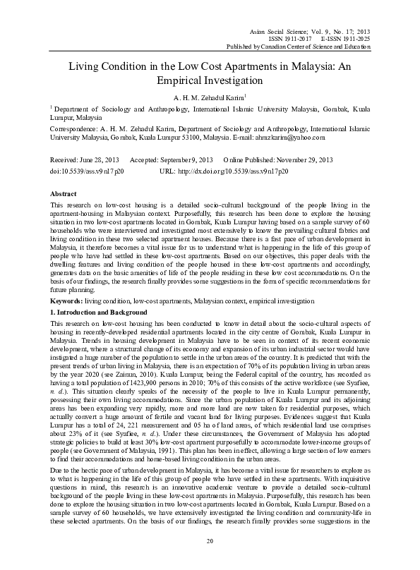(PDF) Living Condition in the Low Cost Apartments in Malaysia: An ...