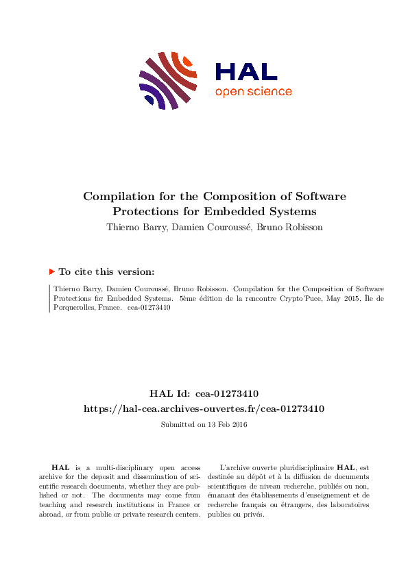 (PDF) Compilation for the Composition of Software Protections for Embedded Systems | Thierno ...