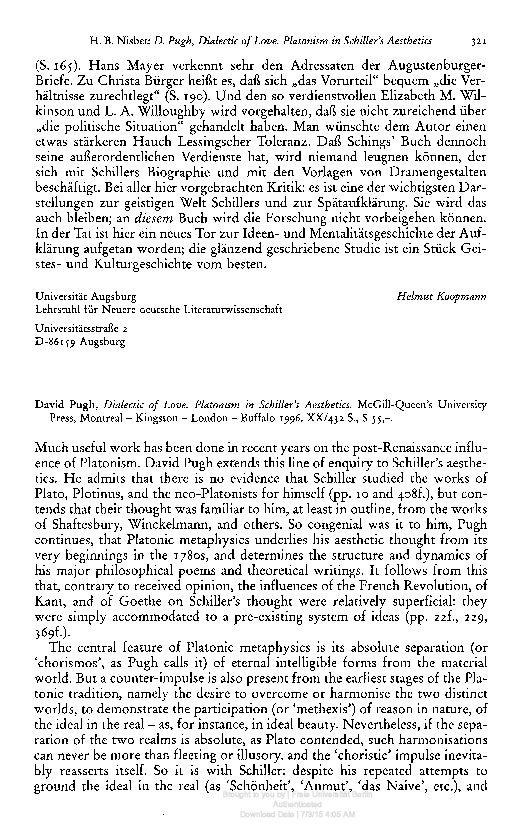(PDF) David Pugh, Dialectic of Love. Platonism in Schiller’s Aesthetics