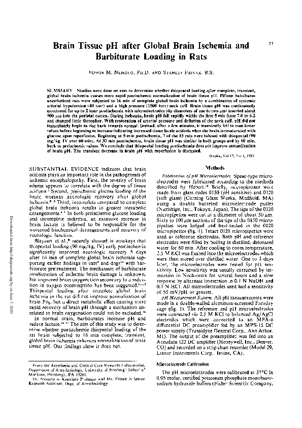 (PDF) Brain tissue pH after global brain ischemia and barbiturate ...