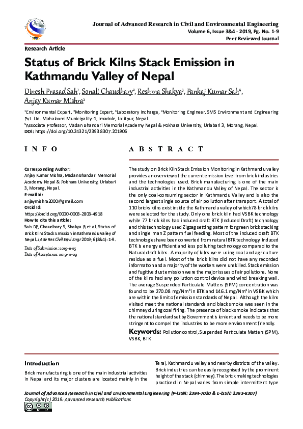 (PDF) Status of Brick Kilns Stack Emission in Kathmandu Valley of Nepal