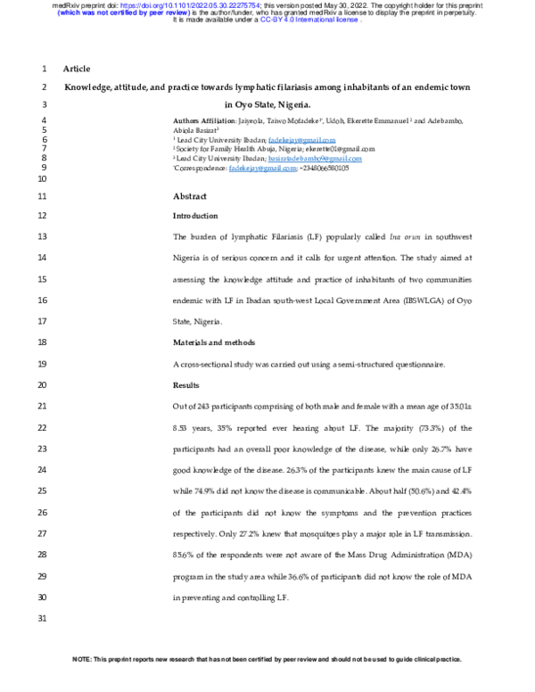 (PDF) Knowledge, attitude, and practice towards lymphatic filariasis ...