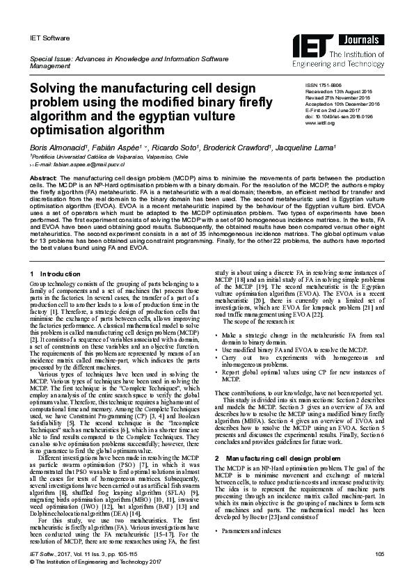 (PDF) Solving the manufacturing cell design problem using the modified binary firefly algorithm ...