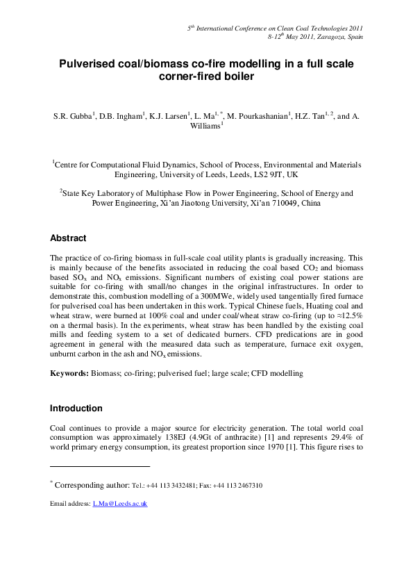 (PDF) Pulverised coal/biomass co-fire modelling in a full scale corner-fired boiler