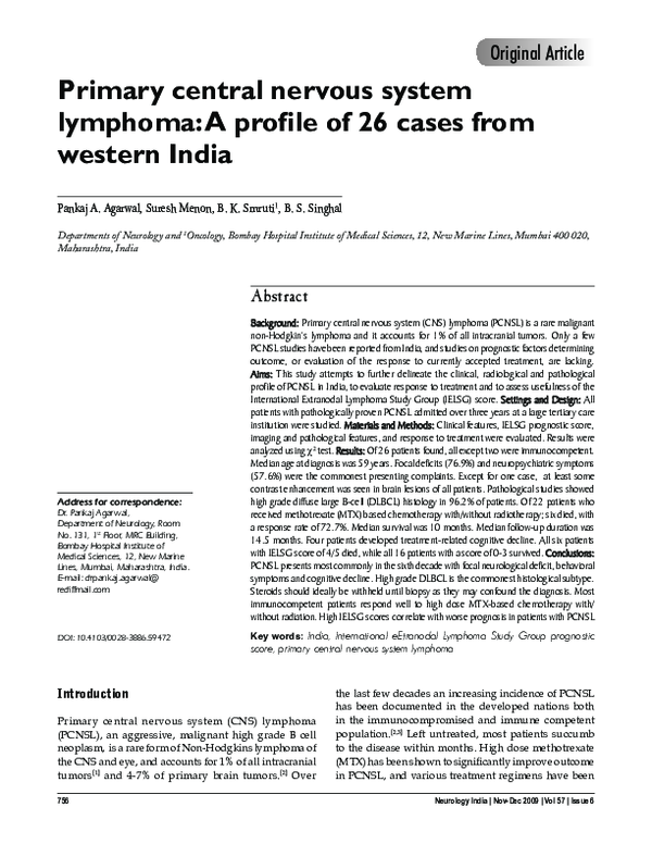 (PDF) Primary central nervous system lymphoma: A profile of 26 cases from western India